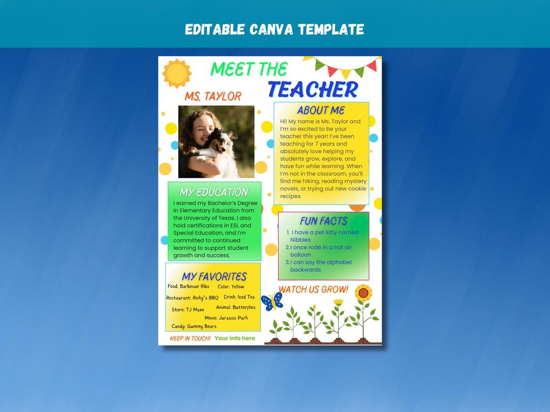 Meet the Teacher Template: Editable Canva Template, Sunflower Theme ...