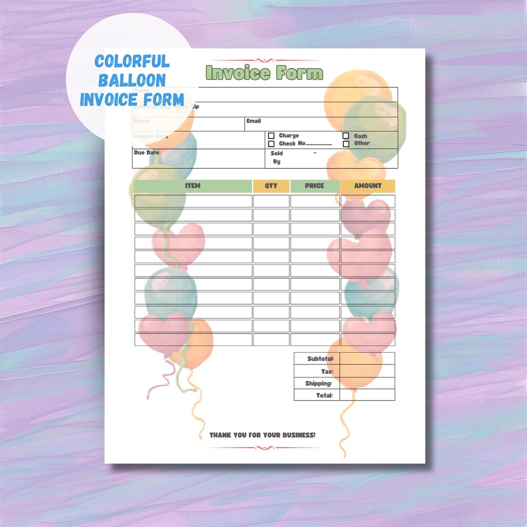 Balloon Invoice Form: Printable Business Receipt (PDF & JPG) US Letter ...