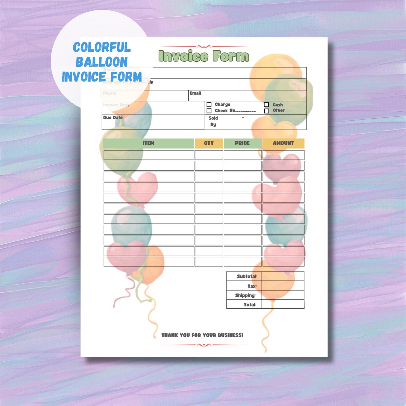 Balloon Invoice Form: Printable Business Receipt (PDF & JPG) US Letter ...