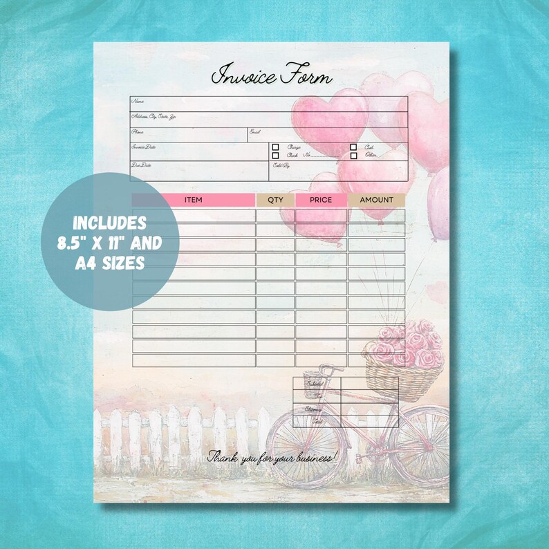 Balloon Invoice Form: Printable Business Receipt, Cute Bicycle Theme ...