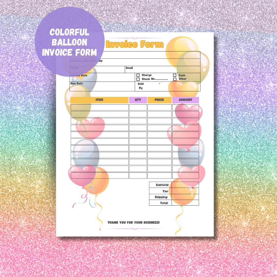 Colorful Balloon Invoice Form: Printable Business Receipt (PDF & JPG ...