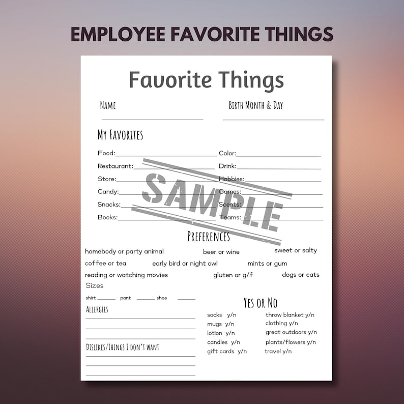 Employee Favorite Things Survey: Team Building Printable (PDF) - Etsy