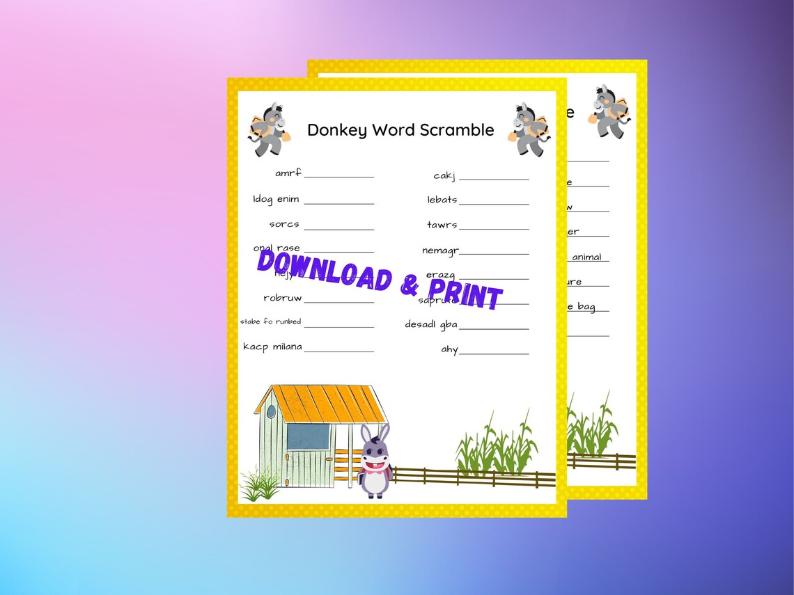 Printable Donkey Word Scramble, Activity, Classroom, Kid, Farm, PDF ...
