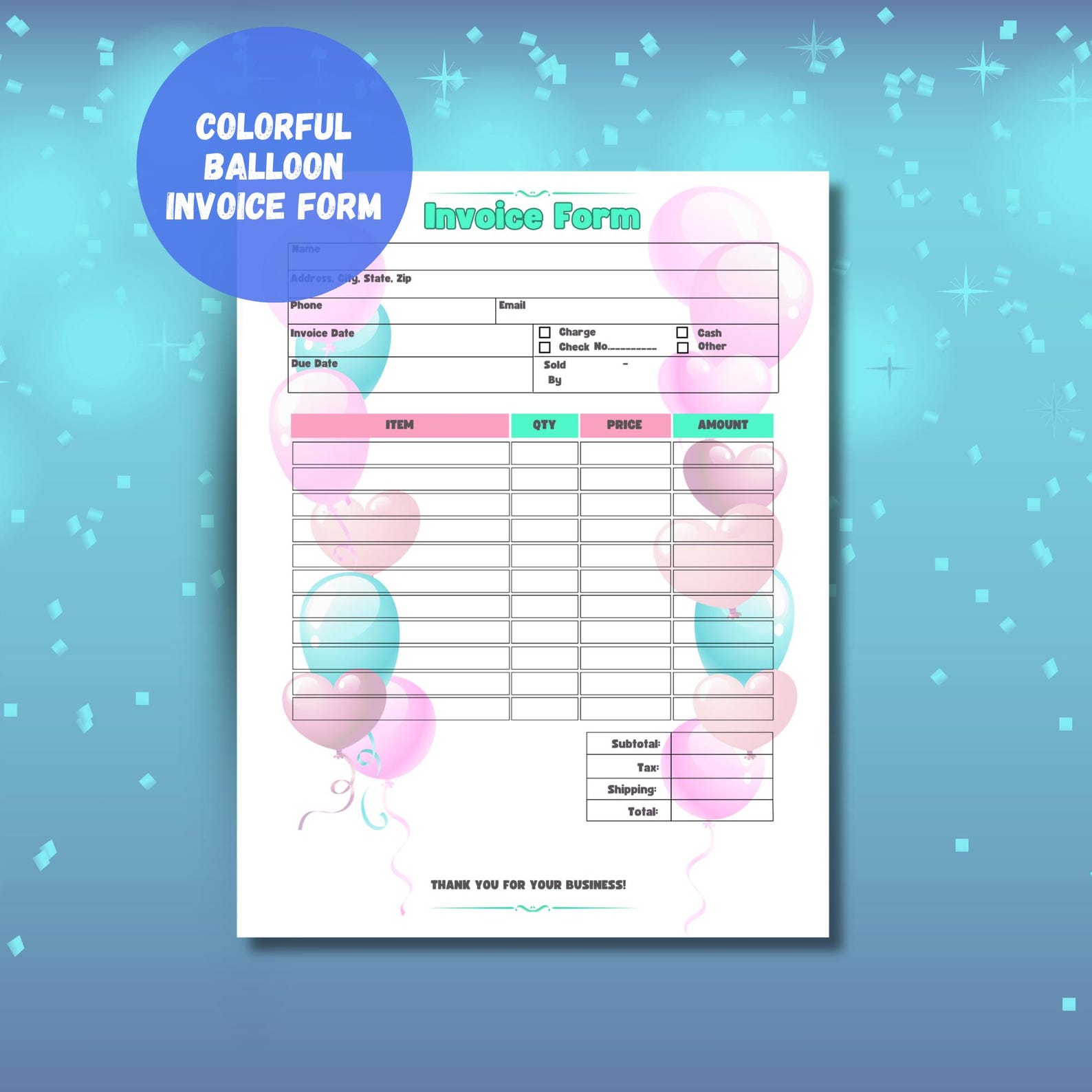 Colorful Balloon Invoice Form: Printable Business Receipt (PDF & JPG ...