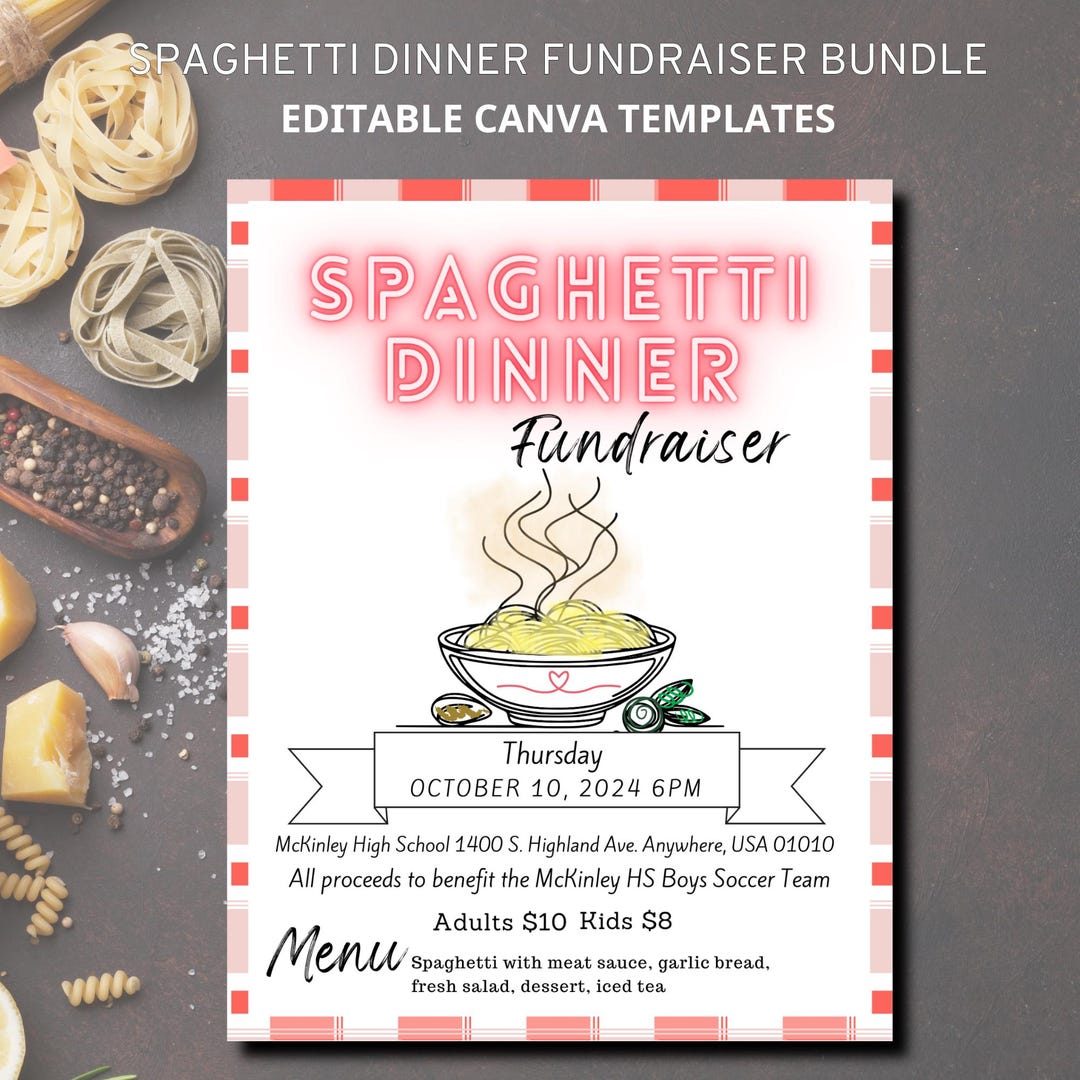 Spaghetti Dinner Fundraiser Bundle | Flyer, Postcard, Ticket, Evite ...