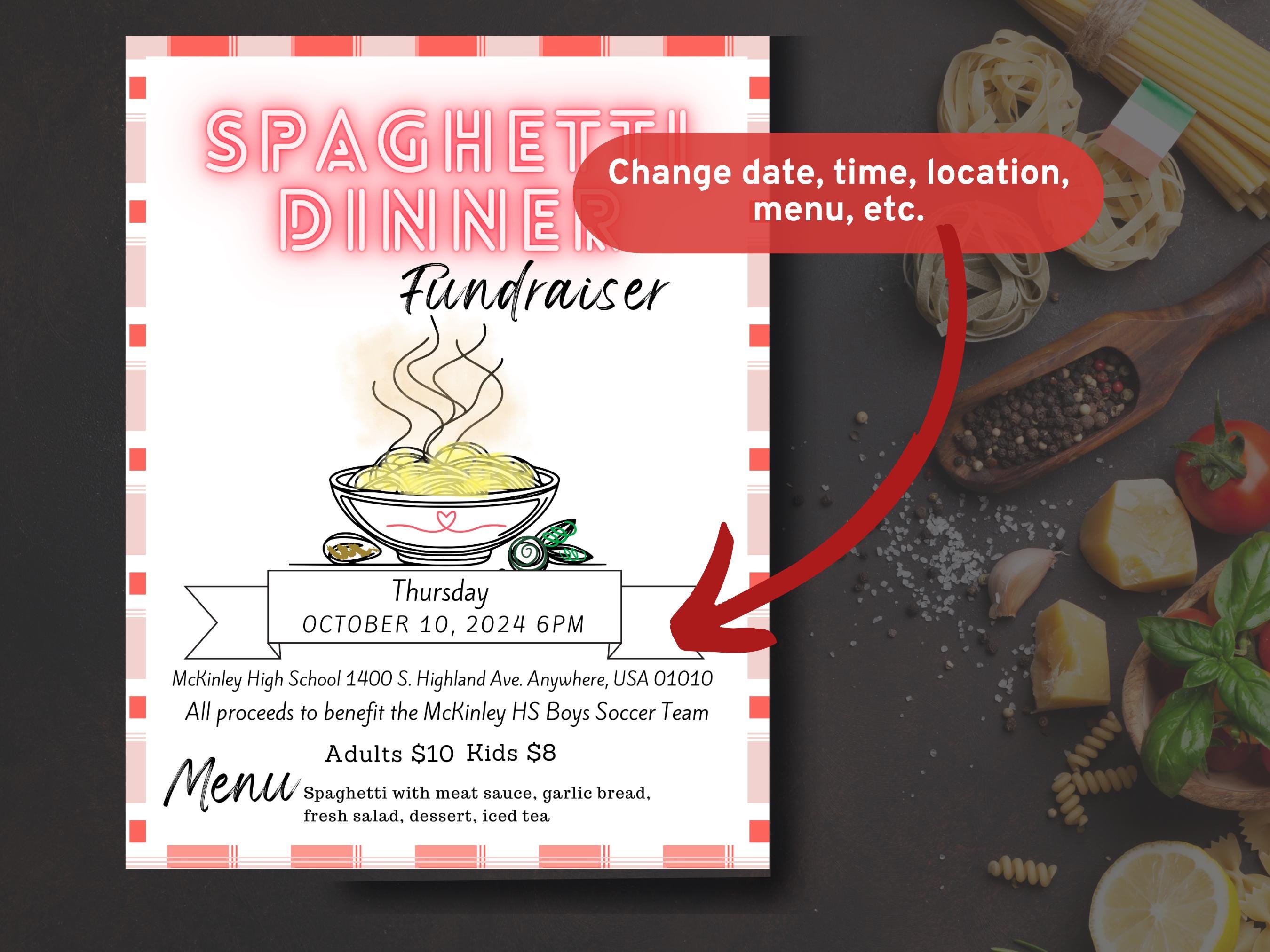 Spaghetti Dinner Fundraiser Flyer, Editable Canva Template, US Letter ...