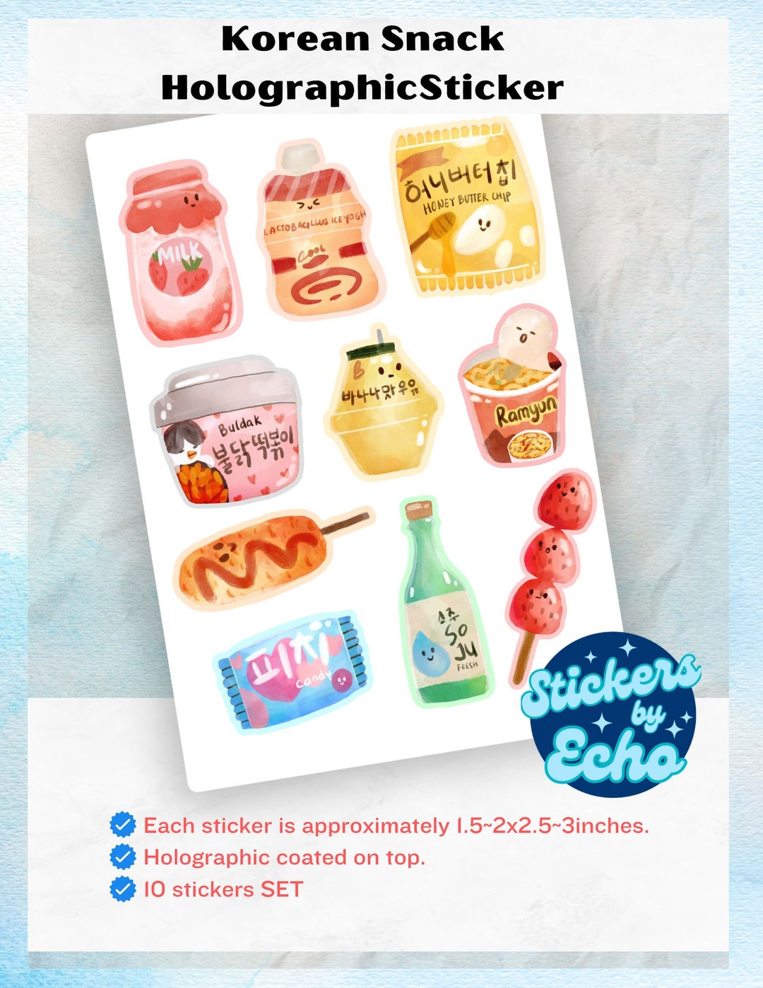 10 Korean Snack Sticker Set, Holographic Stickers, Kawaii Stickers ...