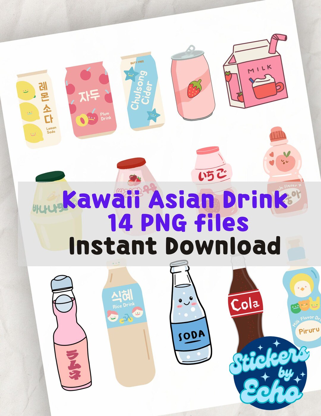 Kawaii Asian Drink Stickers: PNG Digital Download, 14 Outlined Images ...