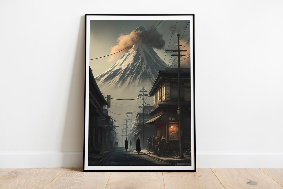 Volcano Japanese Landscape- Digital Art Print, Japan Town Art, Japanese ...