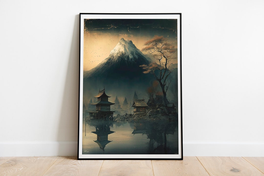 Volcano Japanese Landscape Digital Art Print, Japan Town Art, Japanese ...
