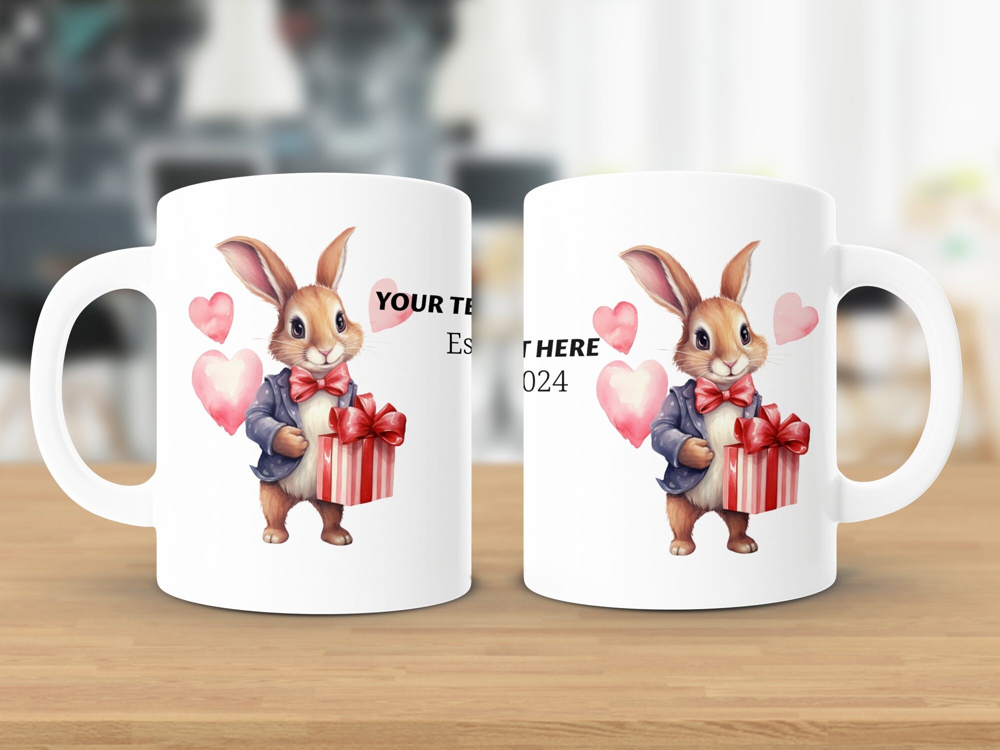 Personalized Rabbit Mug With Hearts, Custom Text Coffee Cup, Bunny ...