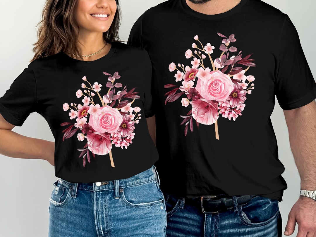 Floral T-shirt, Pink Rose and Burgundy Blooms, Women's Soft Cotton Tee ...