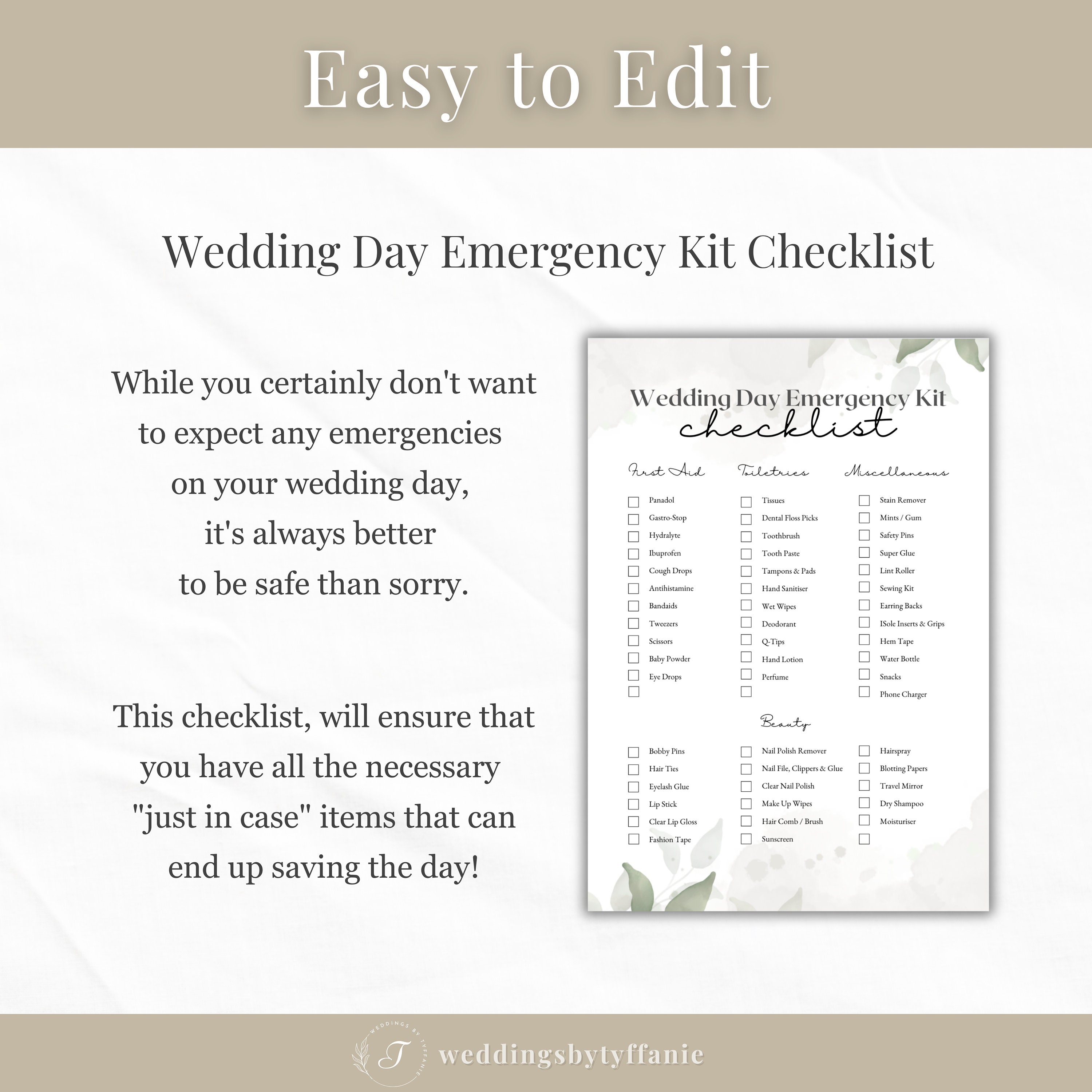 Wedding Emergency Kit Checklist Bride Survival Kit List Template ...
