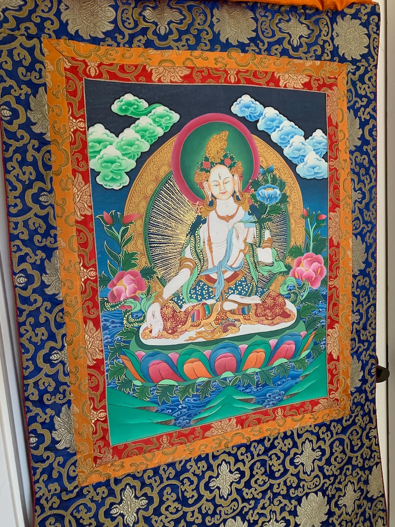 White Tara Thangka From Nepal Himalayas, Framed in Silk Brocade, Unique ...