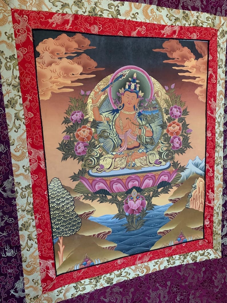 Manjushri Handpainted Thangka From Nepal Himalayas, Framed in Silk ...