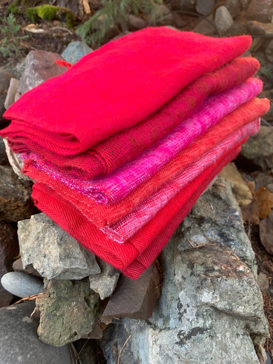 Set of 7 Unique Handmade Red and Pink Scarves, Gift Scarf Collection ...