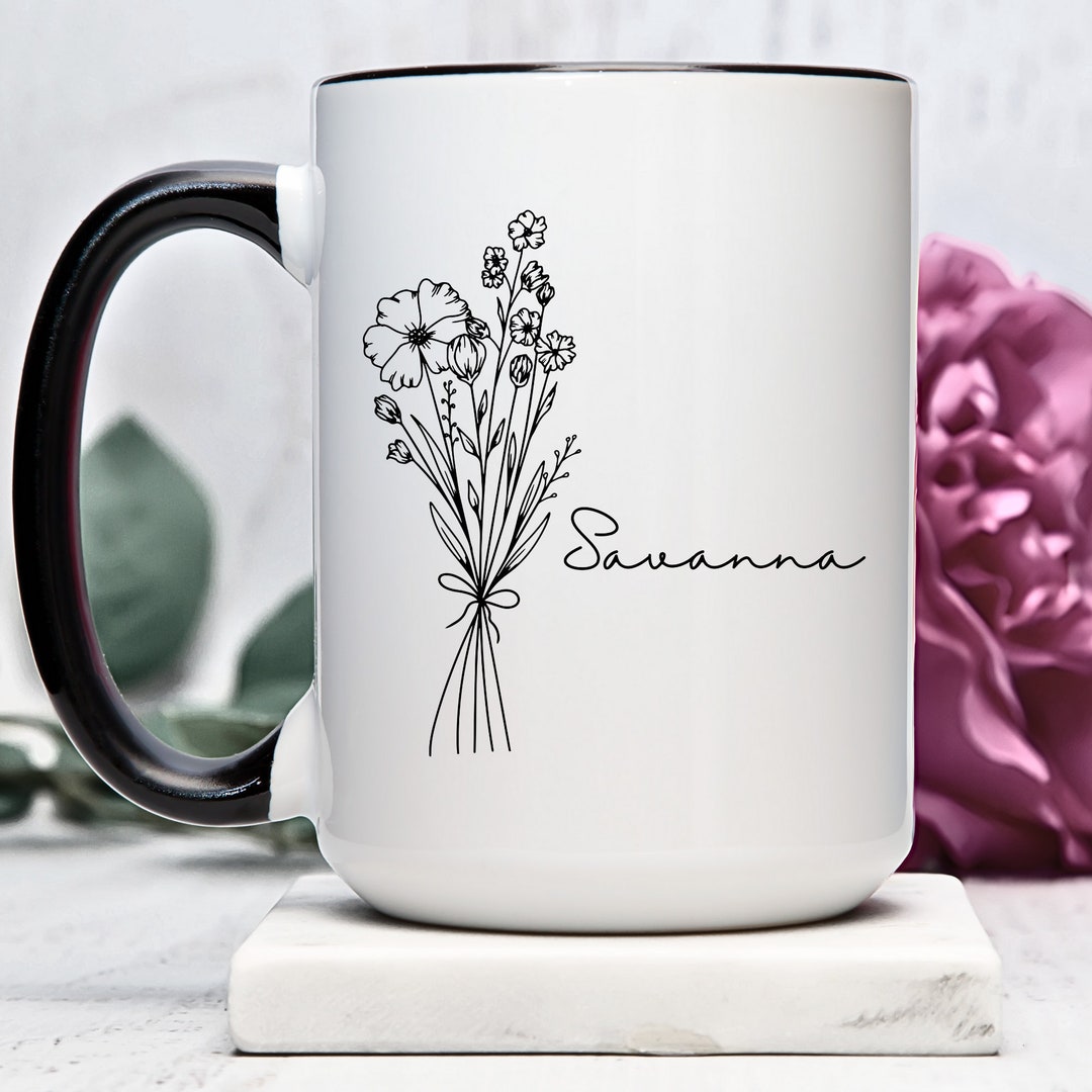 Pretty Name Mug, Custom Coffee Cup, Floral Print, Personalized Script ...