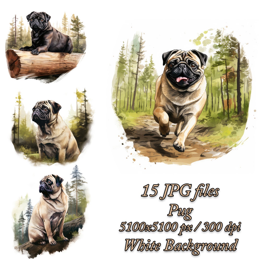 Pug Dog Clipart Bundle, Dog Sublimation Design, Pug Watercolor Clipart ...