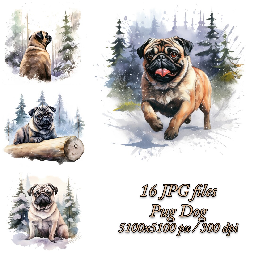 Pug Clipart Bundle | Dog Sublimation Design | Pug Dog Watercolor ...