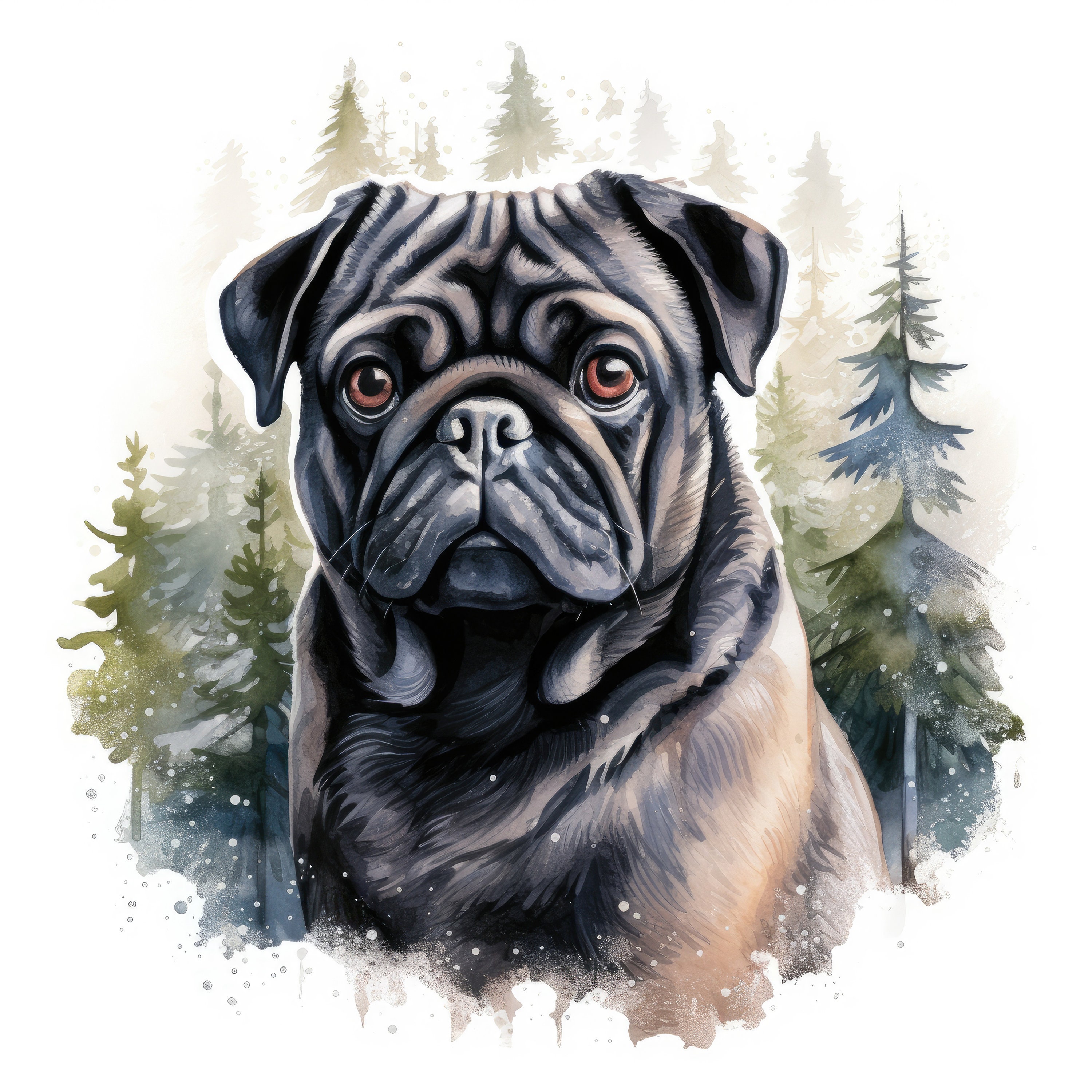 Watercolor Pug Clipart Bundle: Winter Forest Designs (JPG Files) - Etsy