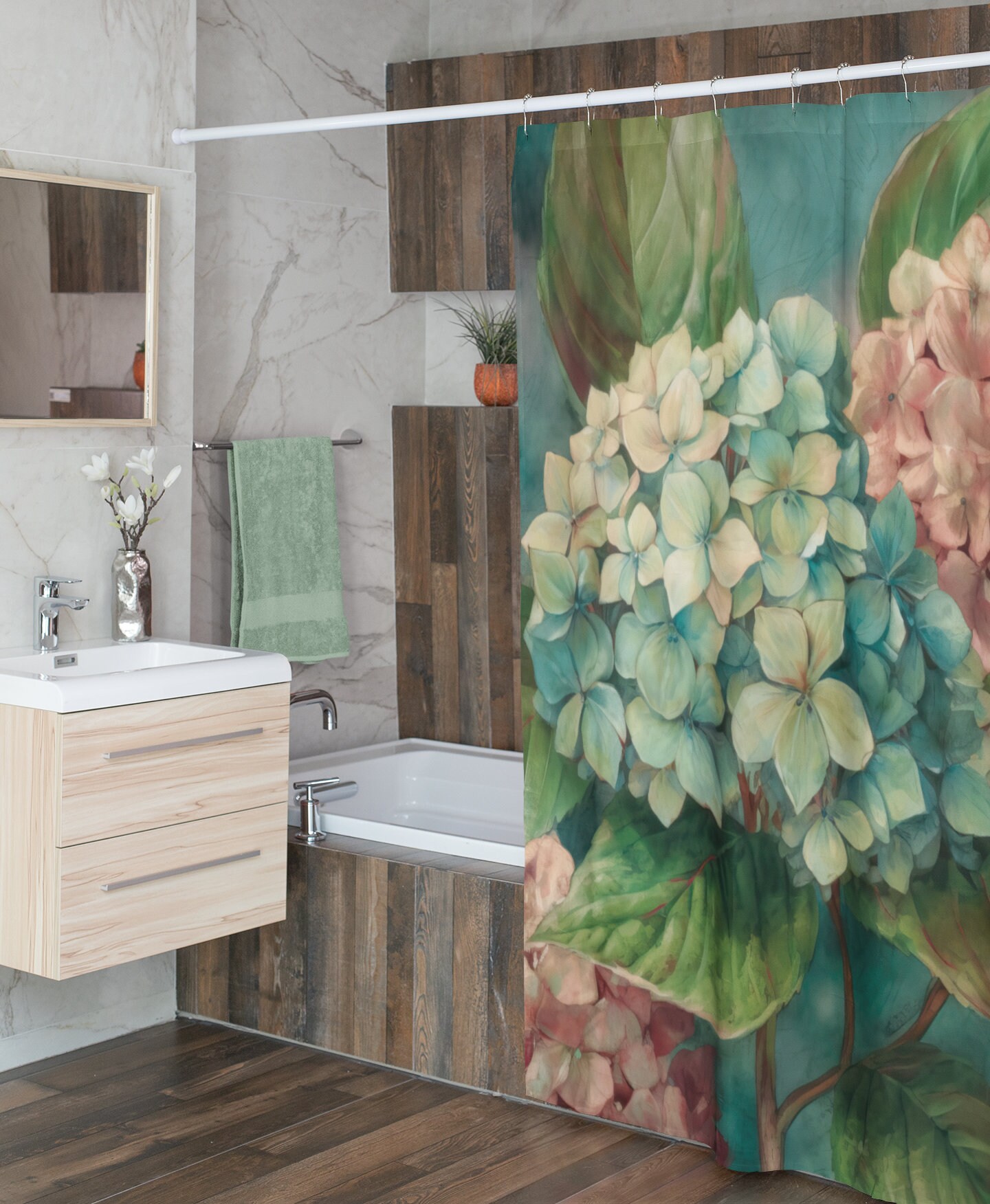 Polyester Shower Curtain Whispers of Rococo, Pastel Hydrangeas Fresco ...
