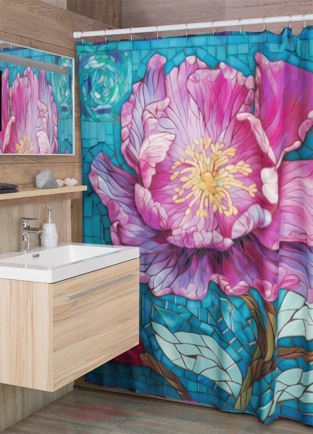 Polyester Shower Curtain Shimmering Peony Mosaic Art Shower Curtain ...