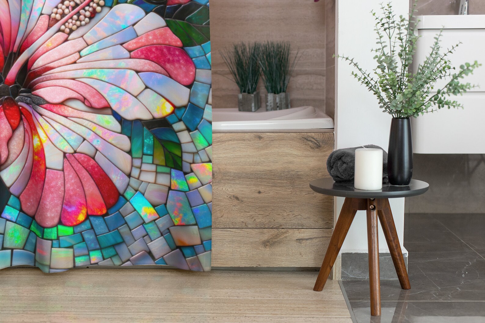 Hibiscus Mosaic Art Shower Curtain Luxurious Bathroom Decor Print ...