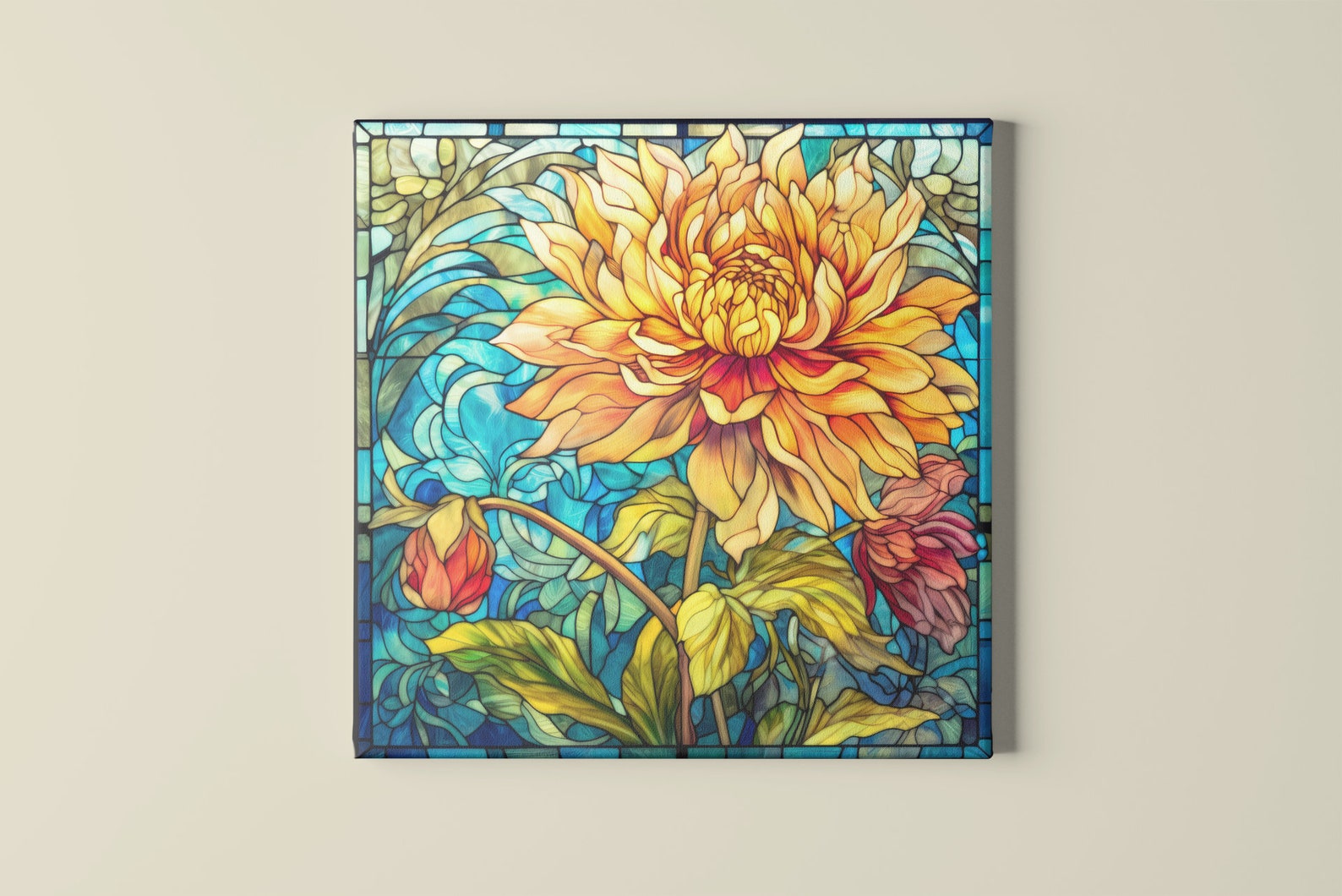 Matte Canvas, Stretched, 1.25 Stained Glass Window Inspired Dahlia ...