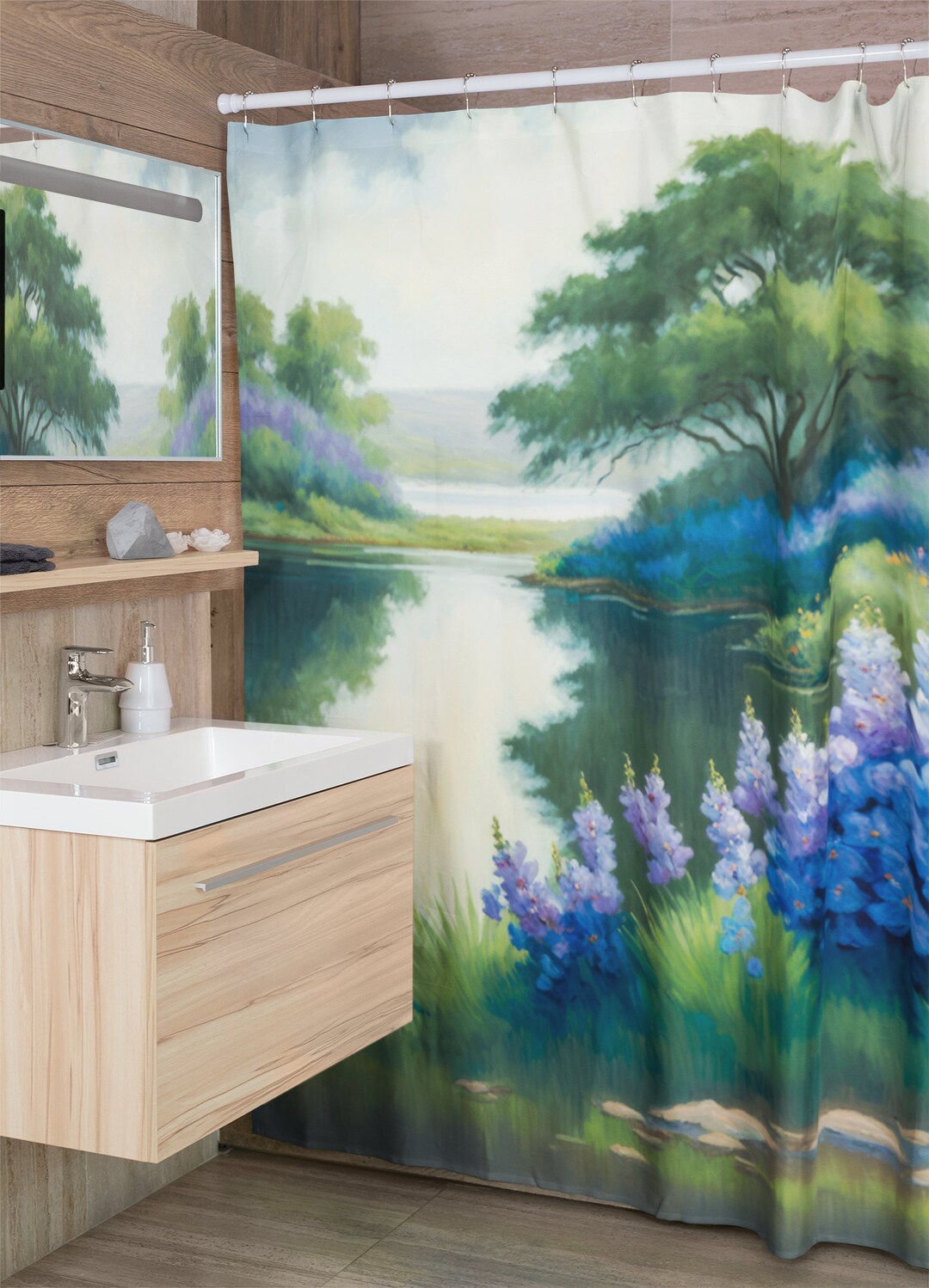 Polyester Shower Curtain Tranquil Texas Pond With Bluebonnets Delicate ...