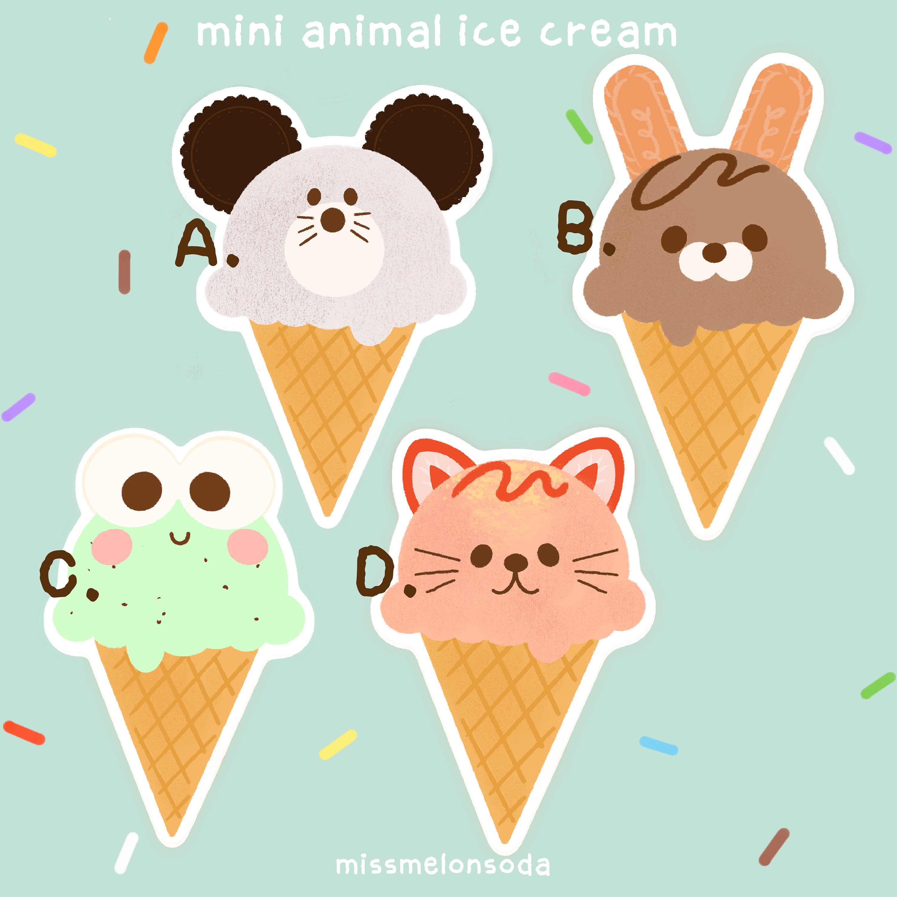 Cute Ice Cream Animal Stickers 1.5 in X 1.5 in | Matte Vinyl ...