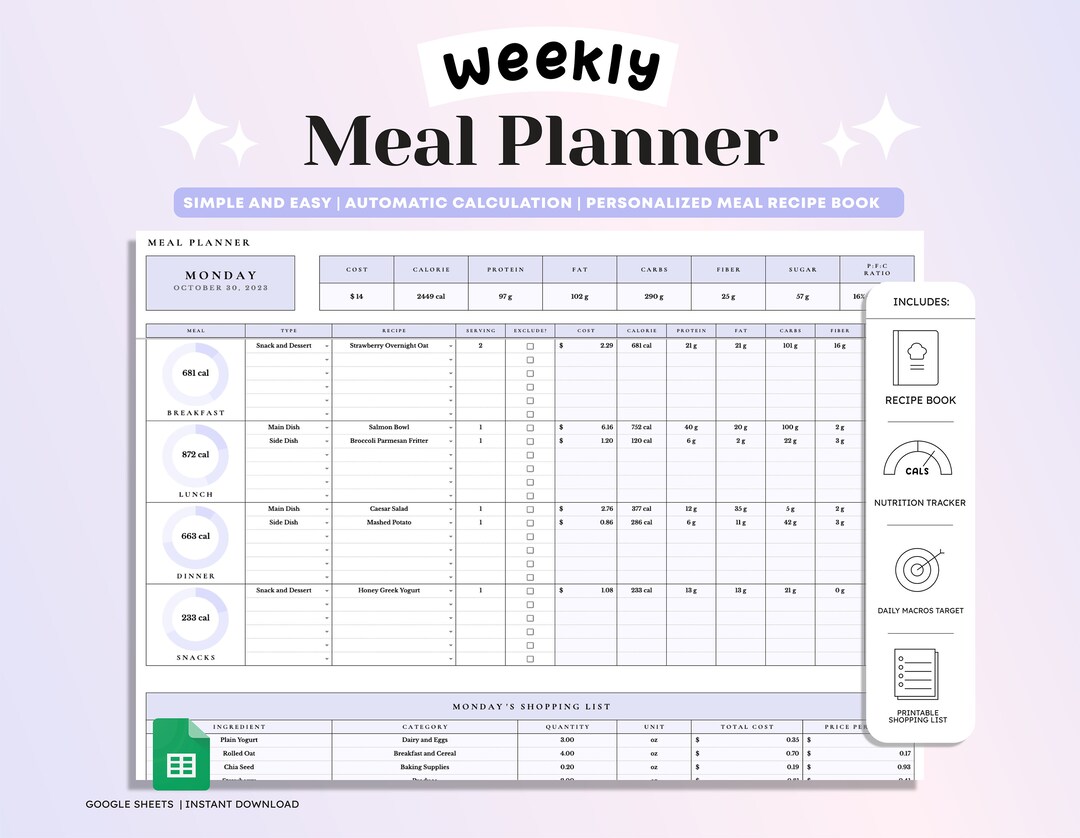 Purple Weekly Meal Planner and Automated Grocery List, Meal Planner ...