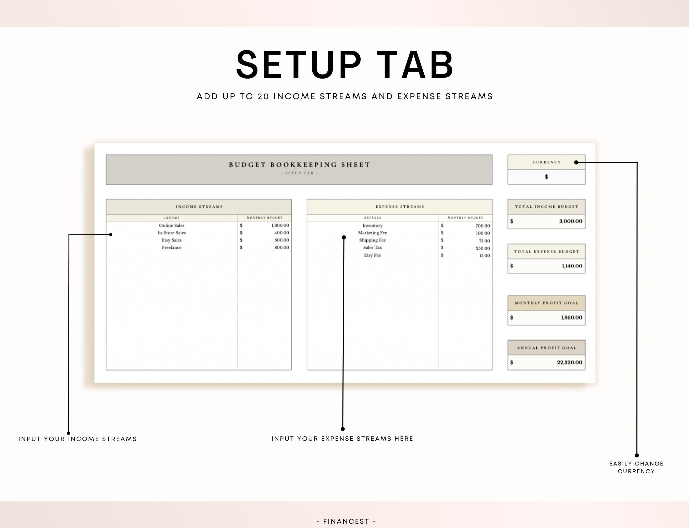 Easy Beige Ultimate Bookkeeping Sheet, All in One, Income & Expense ...