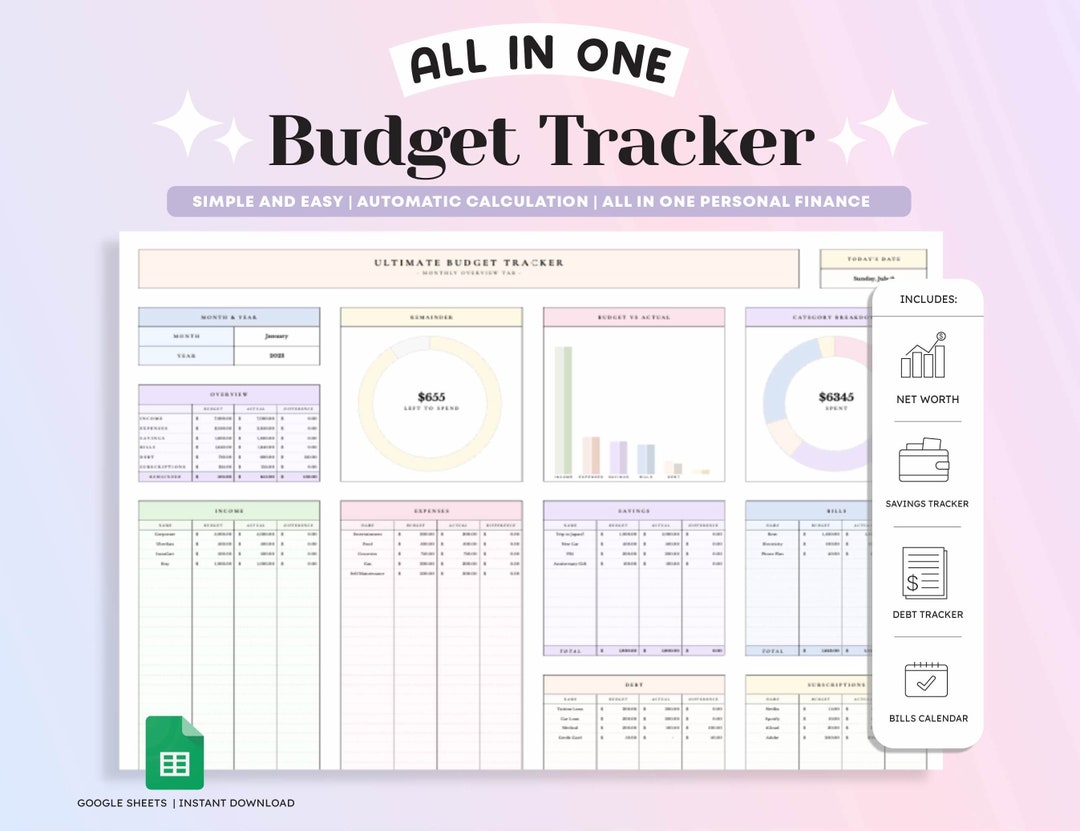 Pastel Monthly and Yearly Budget Spreadsheet for Google Sheets, Google ...