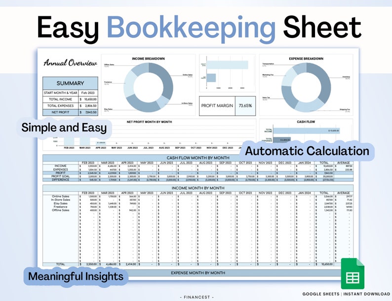 Easy Bookkeeping Template, Income Tracker, Expense Tracker, Business ...
