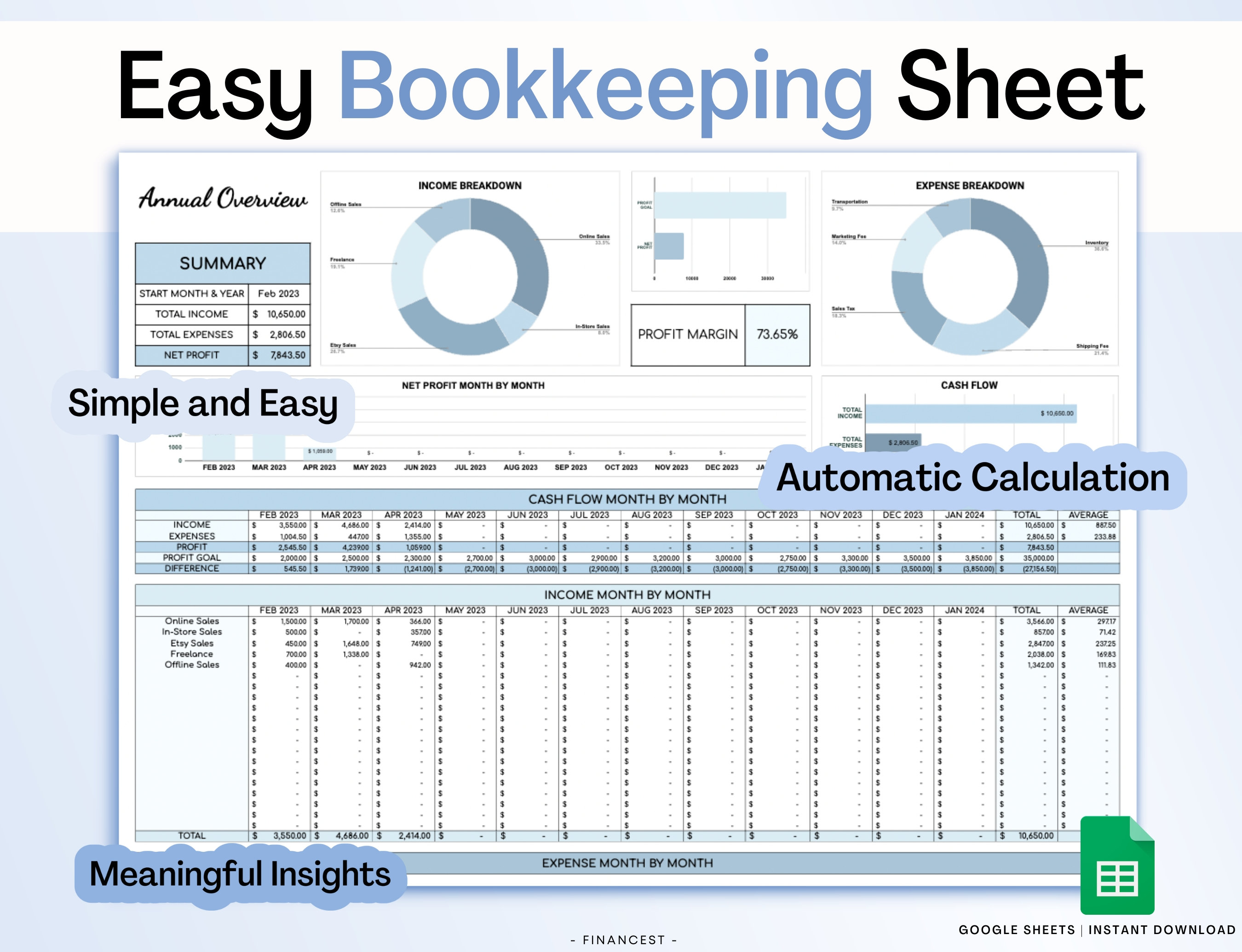 Easy Bookkeeping Template, Income Tracker, Expense Tracker, Business ...