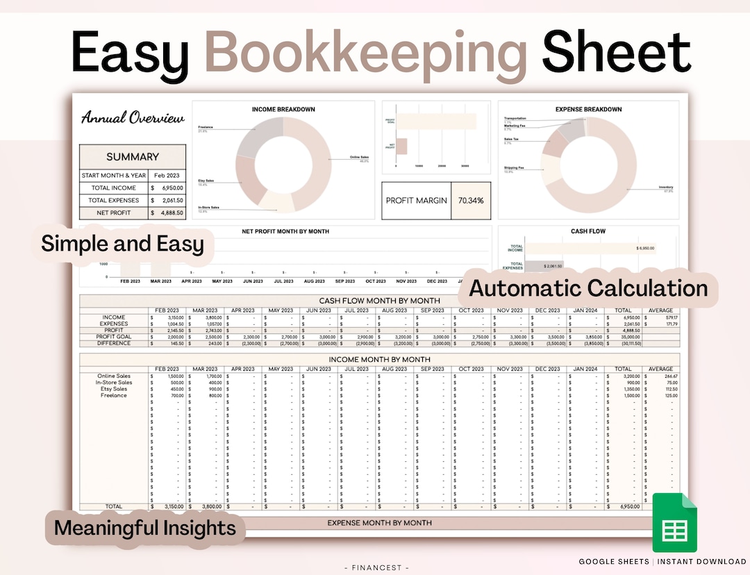 Easy Bookkeeping Template, Income Tracker, Expense Tracker, Business ...