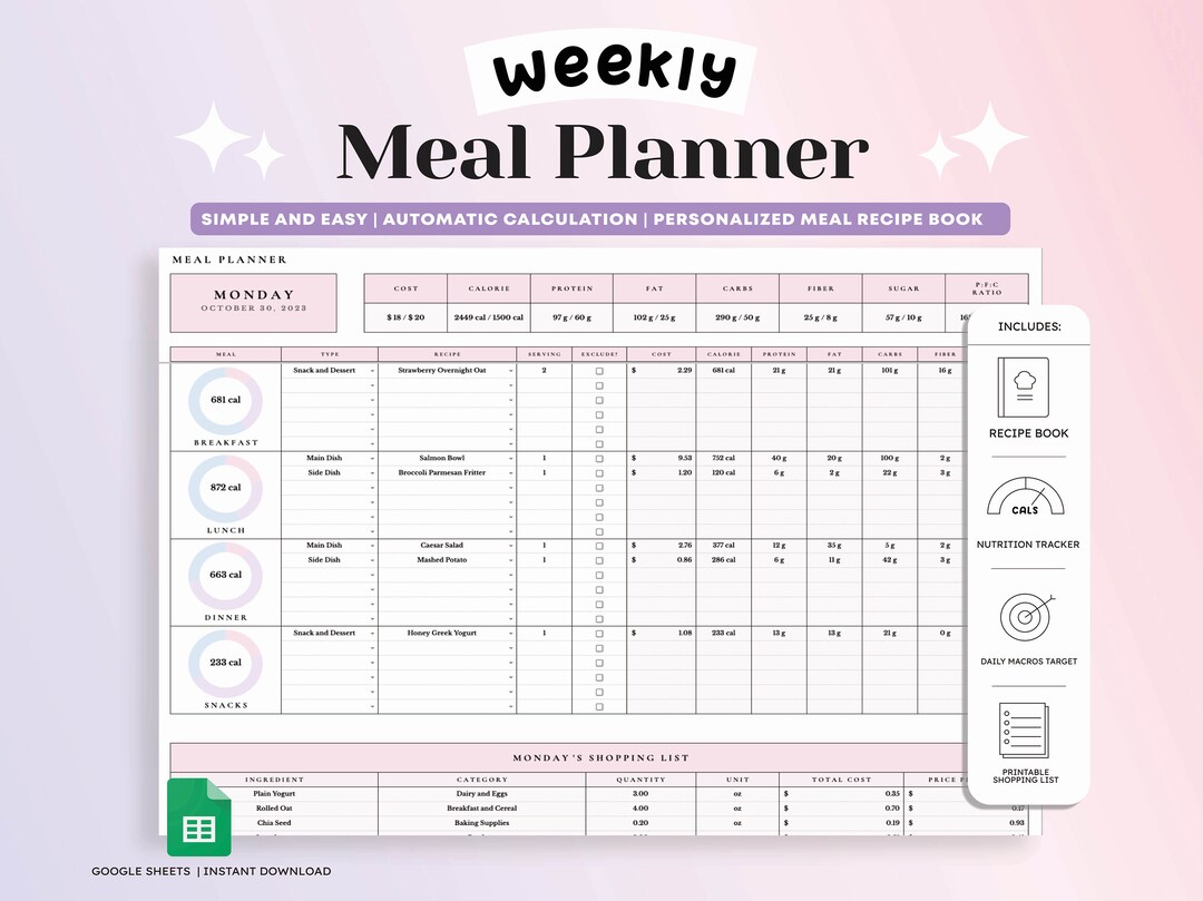 Weekly Meal Planner and Automated Grocery List, Meal Planner Google ...