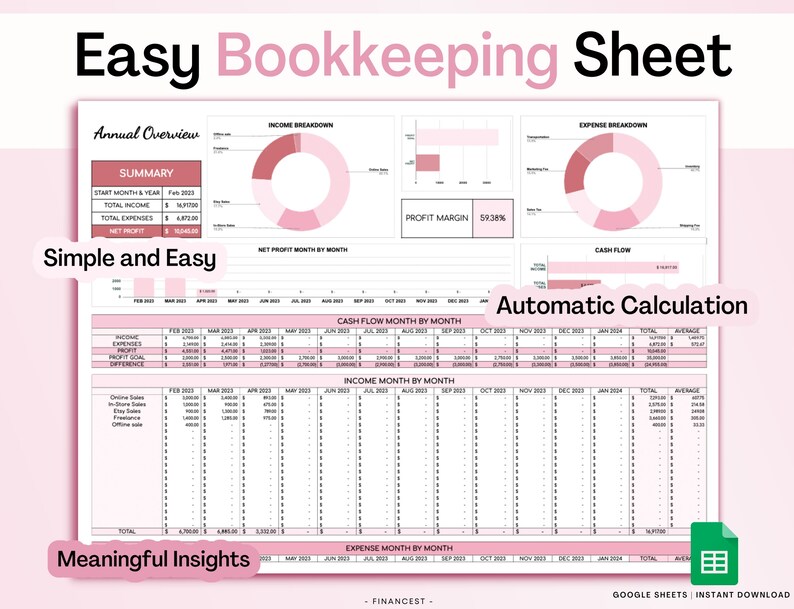 Easy Bookkeeping Template, Income Tracker, Expense Tracker, Business ...