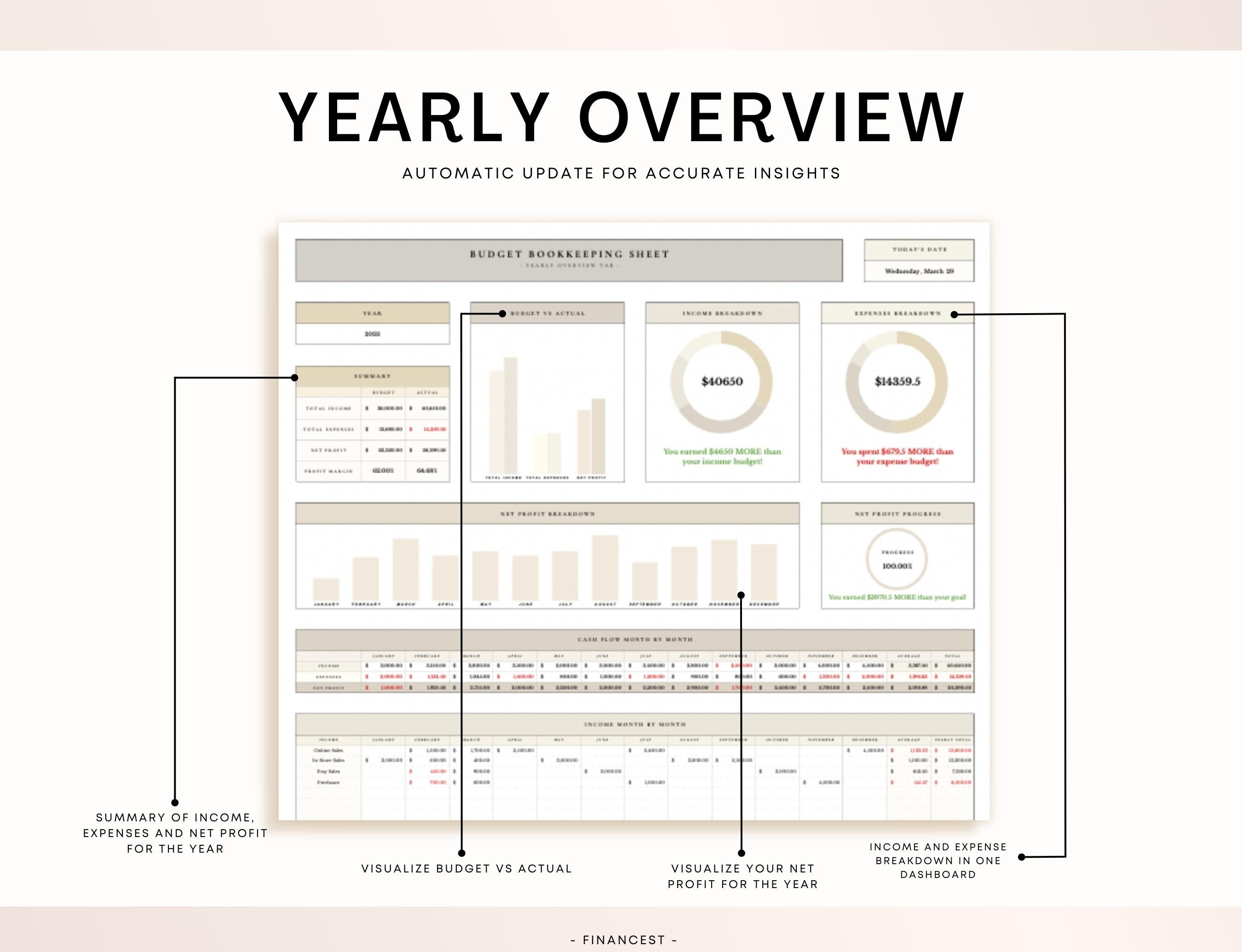 Easy Beige Ultimate Bookkeeping Sheet, All in One, Income & Expense ...