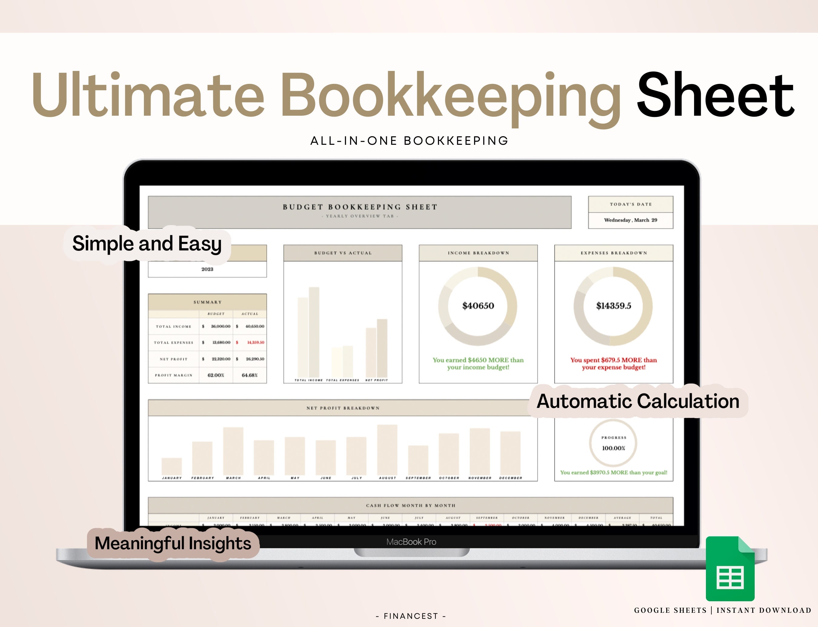 Easy Beige Ultimate Bookkeeping Sheet, All in One, Income & Expense ...
