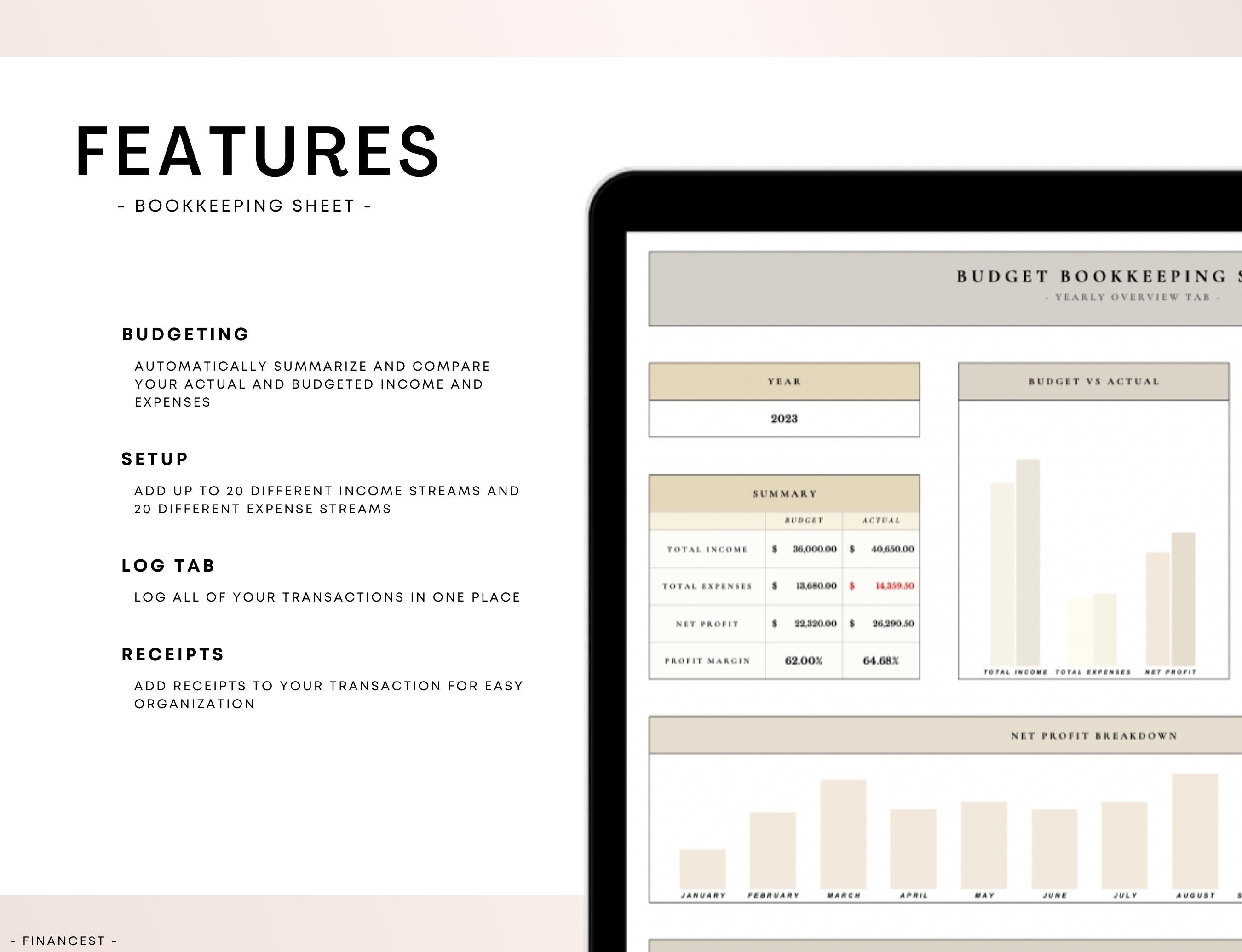 Easy Beige Ultimate Bookkeeping Sheet, All in One, Income & Expense ...