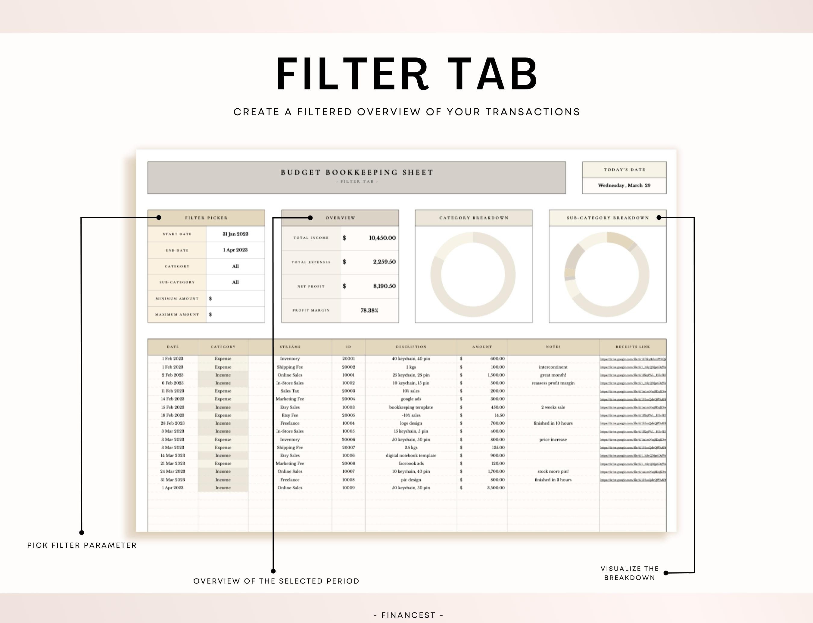 Easy Beige Ultimate Bookkeeping Sheet, All in One, Income & Expense ...