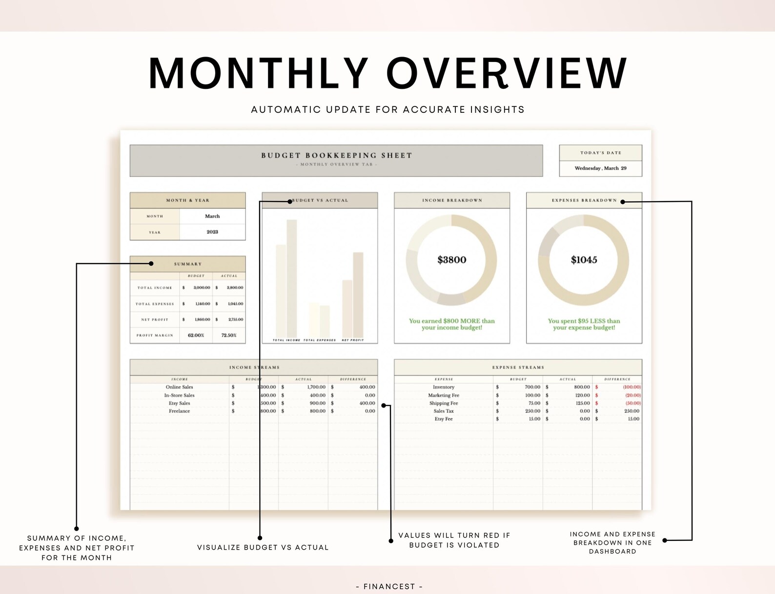 Easy Beige Ultimate Bookkeeping Sheet, All in One, Income & Expense ...