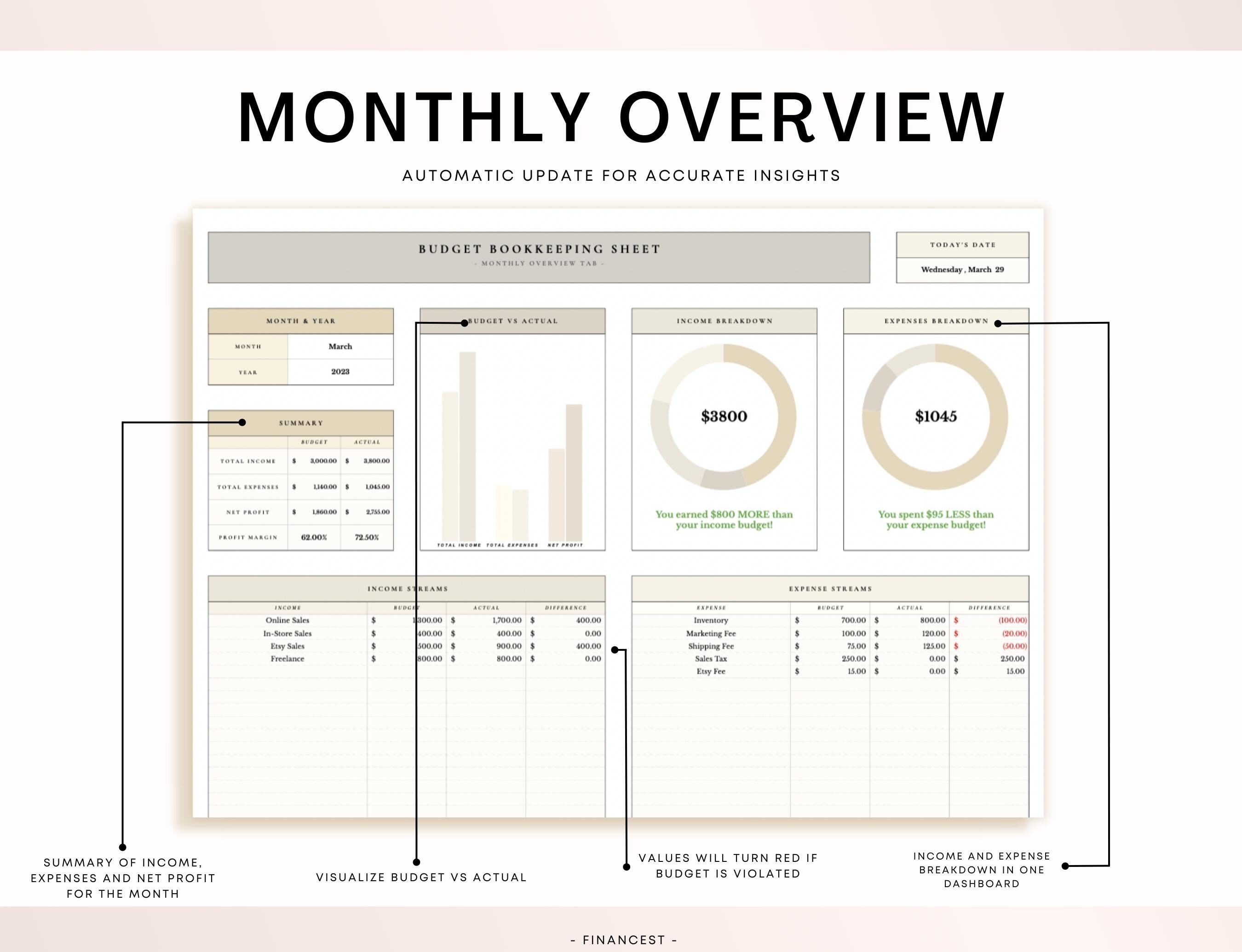 Easy Beige Ultimate Bookkeeping Sheet, All in One, Income & Expense ...