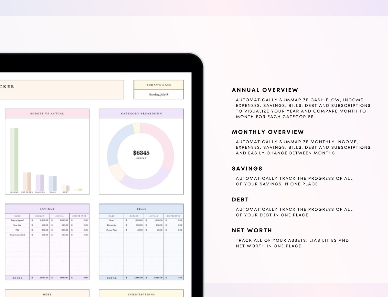 Pastel Monthly and Yearly Budget Spreadsheet for Google Sheets, Google ...