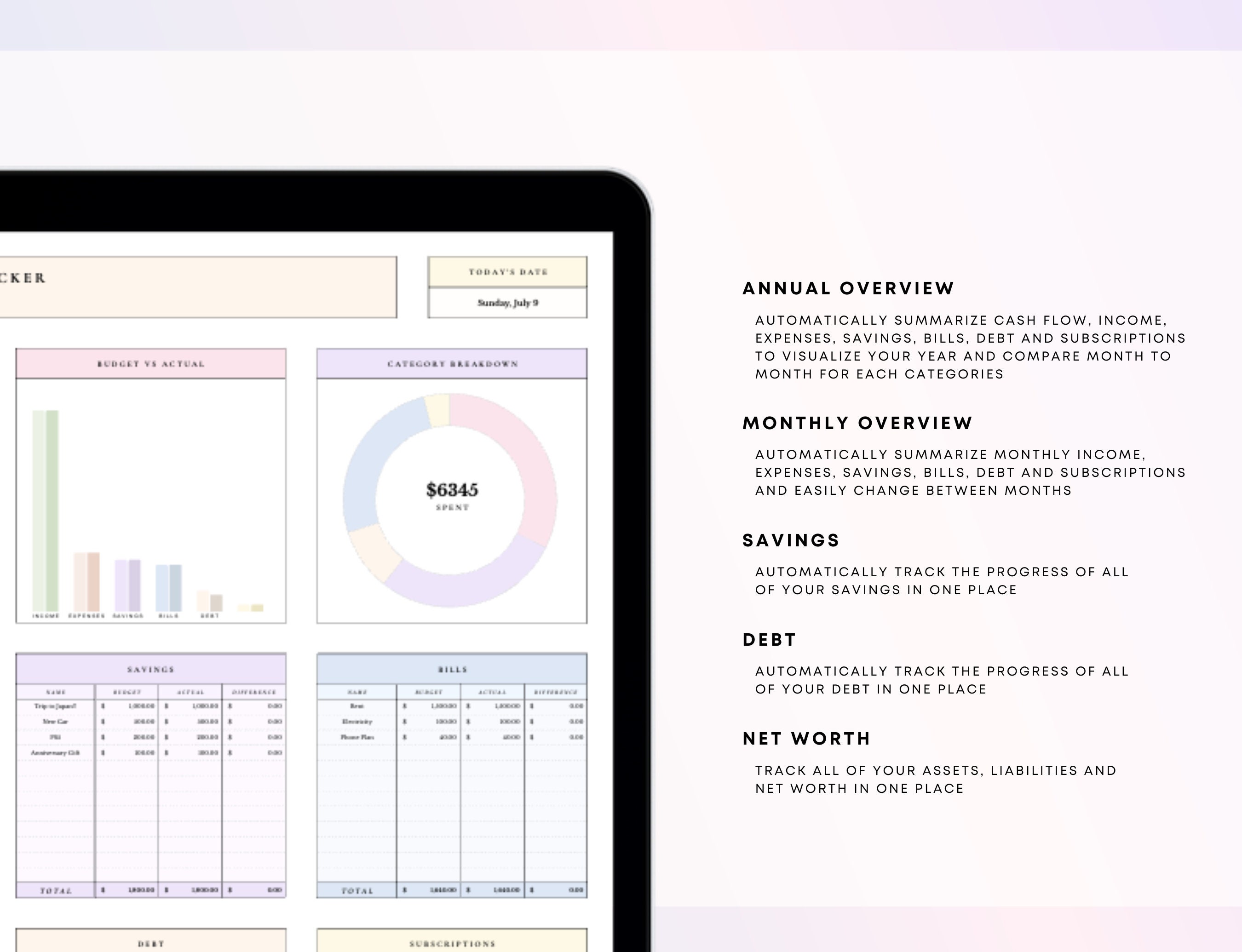 Pastel Monthly and Yearly Budget Spreadsheet for Google Sheets, Google ...
