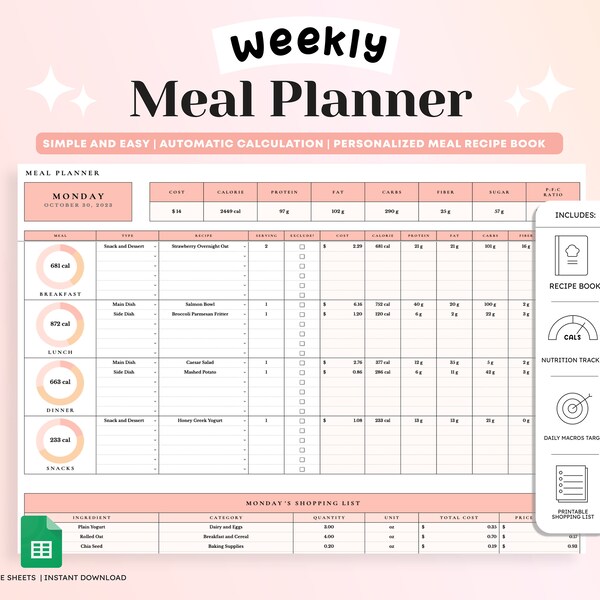 Purple Weekly Meal Planner and Automated Grocery List, Meal Planner ...