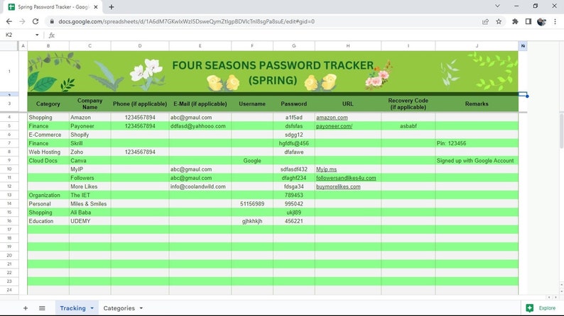 Google Sheets Password Tracking Template, Password and Login Info ...