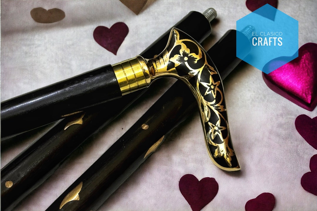 Brass Engraved Walking Stick Wooden Cane Handle With Black Cane With ...