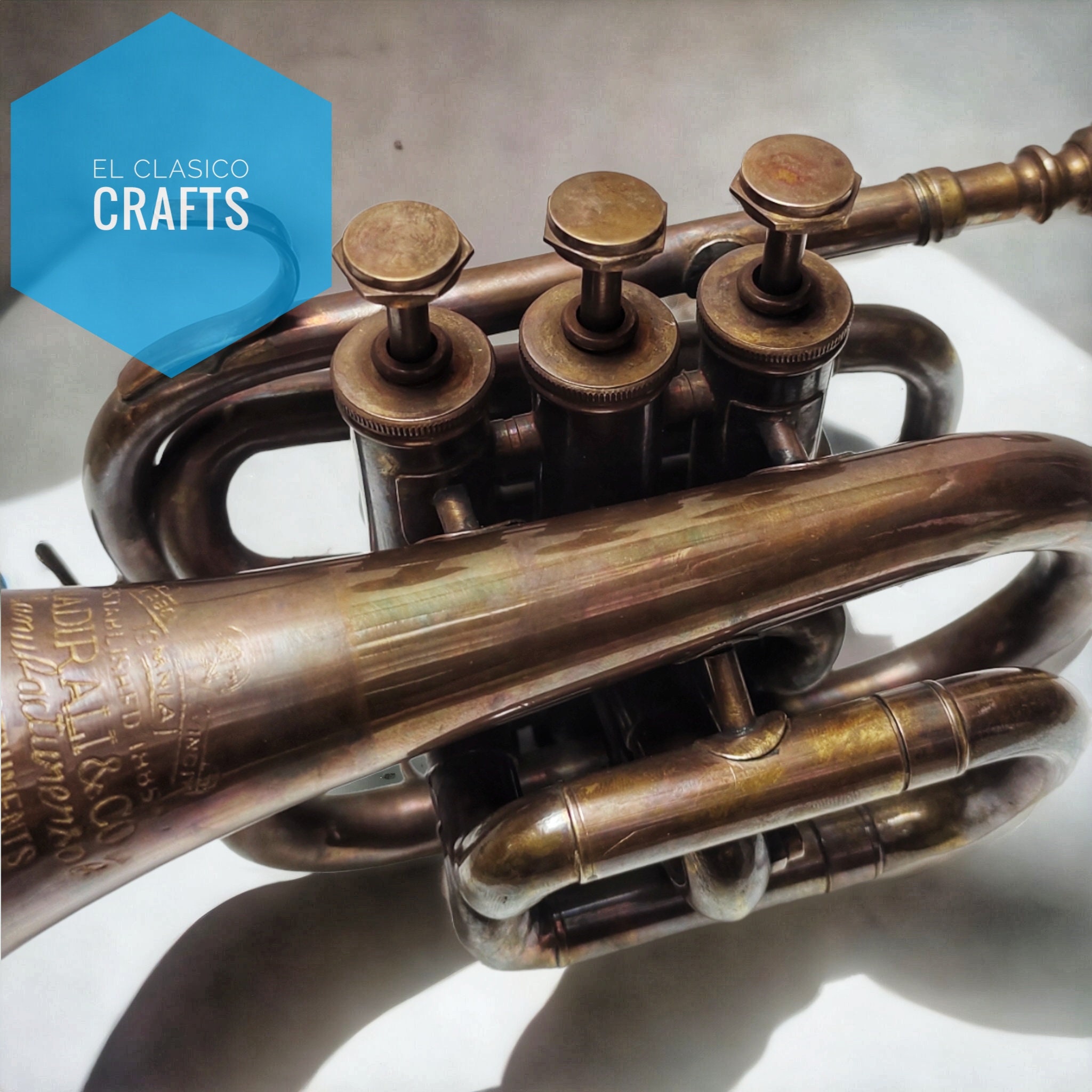 Vintage Bronze Antique Brass Trumpet Pocket Bugle Horn 3 Valve ...